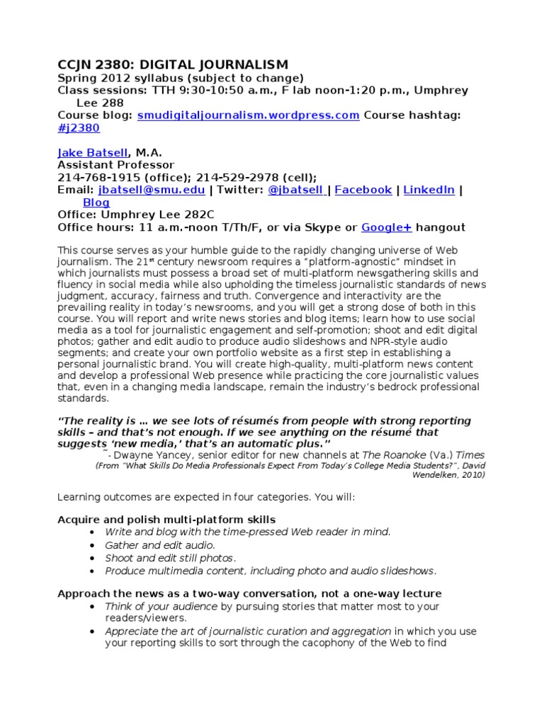 Digital Journalism Syllabus Pdf Plagiarism Journalism