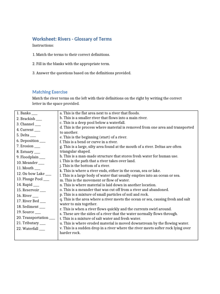 Rivers Glossary Worksheet | PDF | River | River Delta