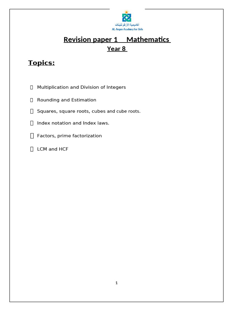 Grade 8 Mathematics Revision 2025 | PDF