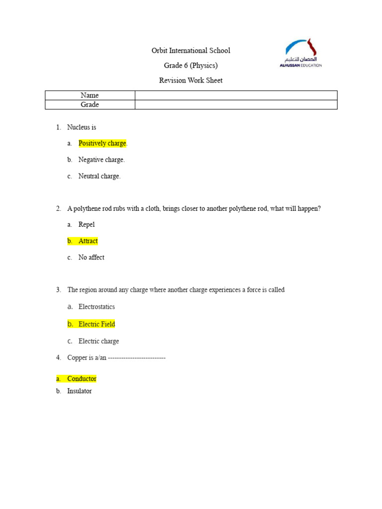 Revision Work Sheet Grade 6 - Answer Key | PDF | Weight | Electric Charge