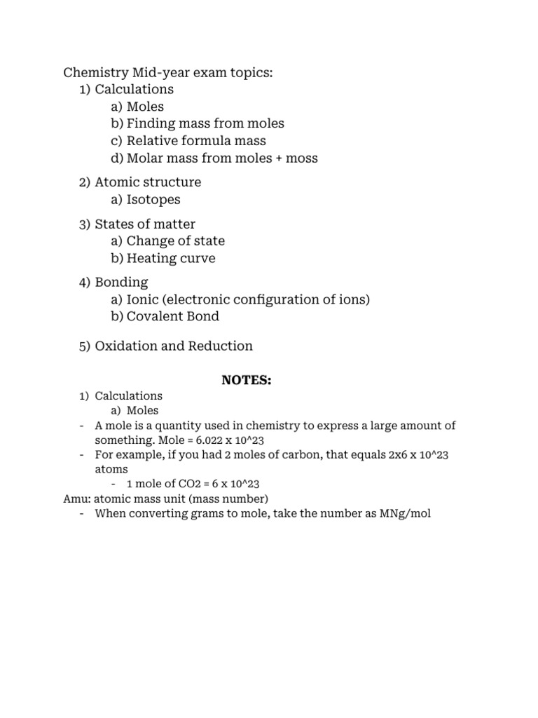 Chemistry Mid-Year Exam Topics | PDF | Teaching Methods & Materials ...