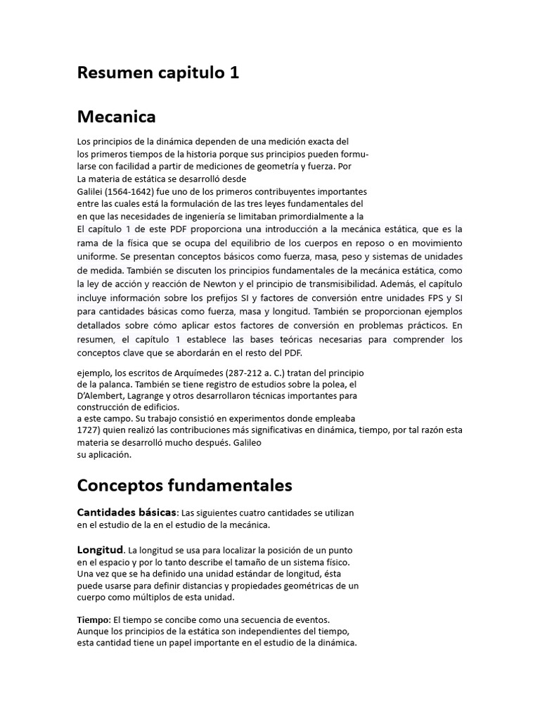 Resumen Capitulo 1 Ingenieria Mecanica Estatica. | PDF | Fuerza | Las leyes del movimiento de Newton