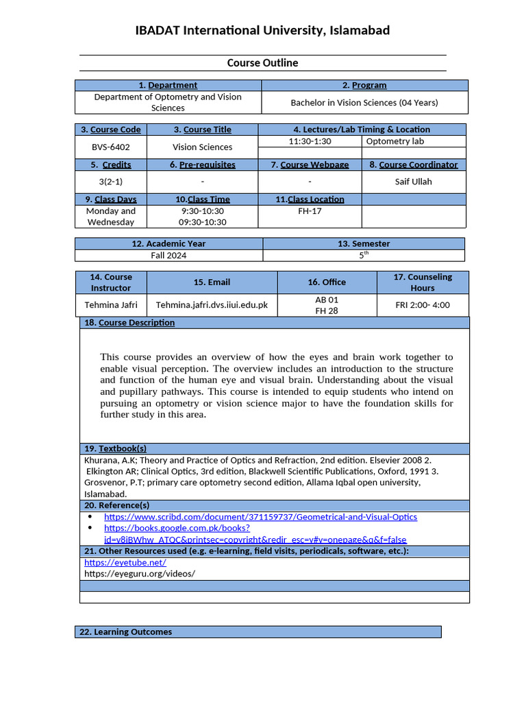 Vision Sciences Course Specification | PDF | Visual Perception | Visual ...