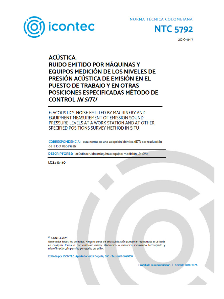NTC 5792_2010 Acústica_Ruido emitido por máquinas y equipos medición de ...