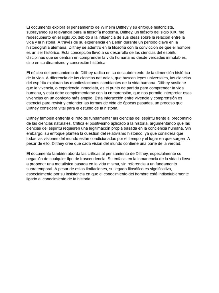 Sintesis de El Historicismo de Guillermo Dilthey Cherep | PDF