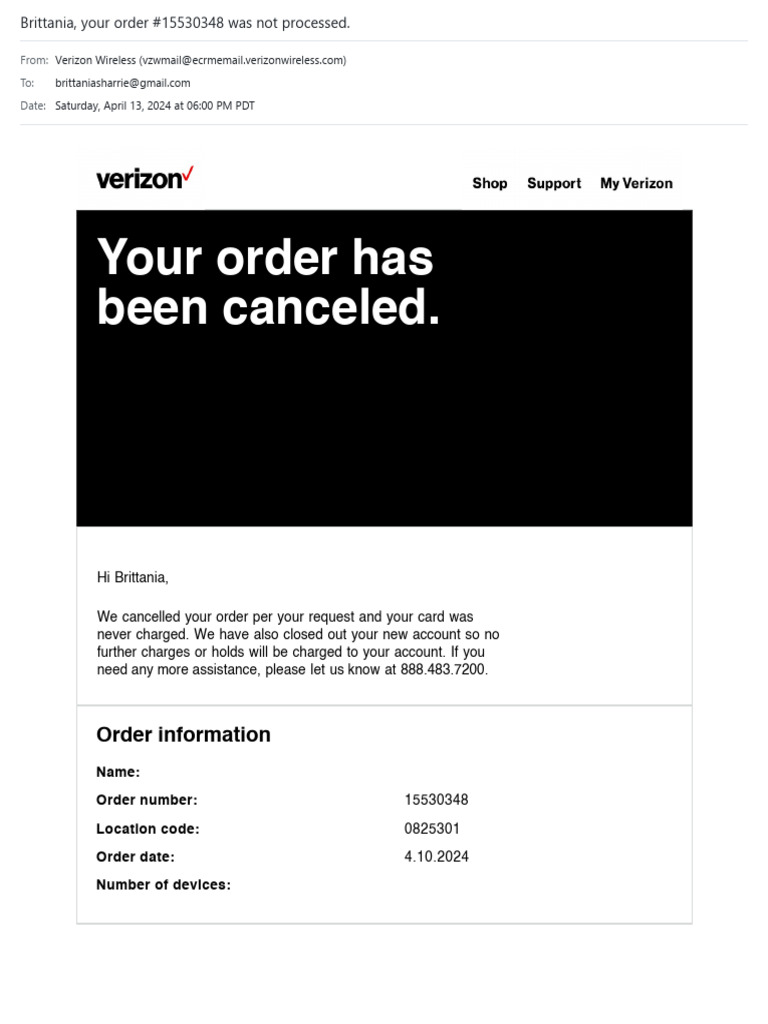 Verizon Order Cancellation | PDF