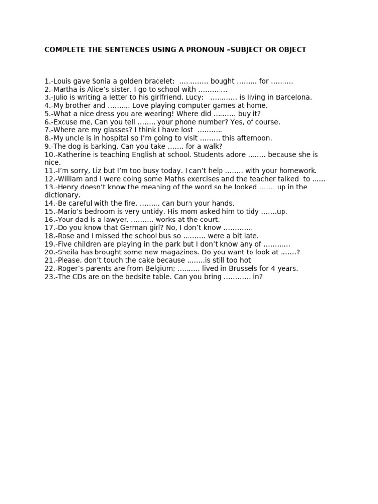 Complete the Sentences Using a Pronoun | PDF