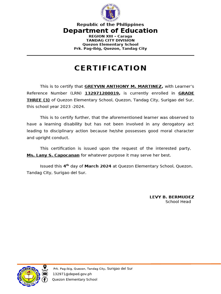 Learner - Certificate of Enrolment - v2 DEPED NXVU3SP0012090C85C7600 | PDF