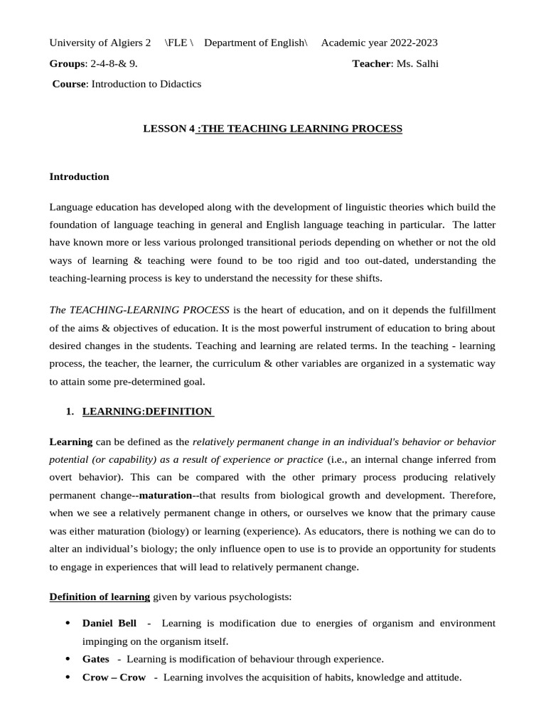 Lesson 4 The Teaching Learning Process | PDF | Learning | Teachers