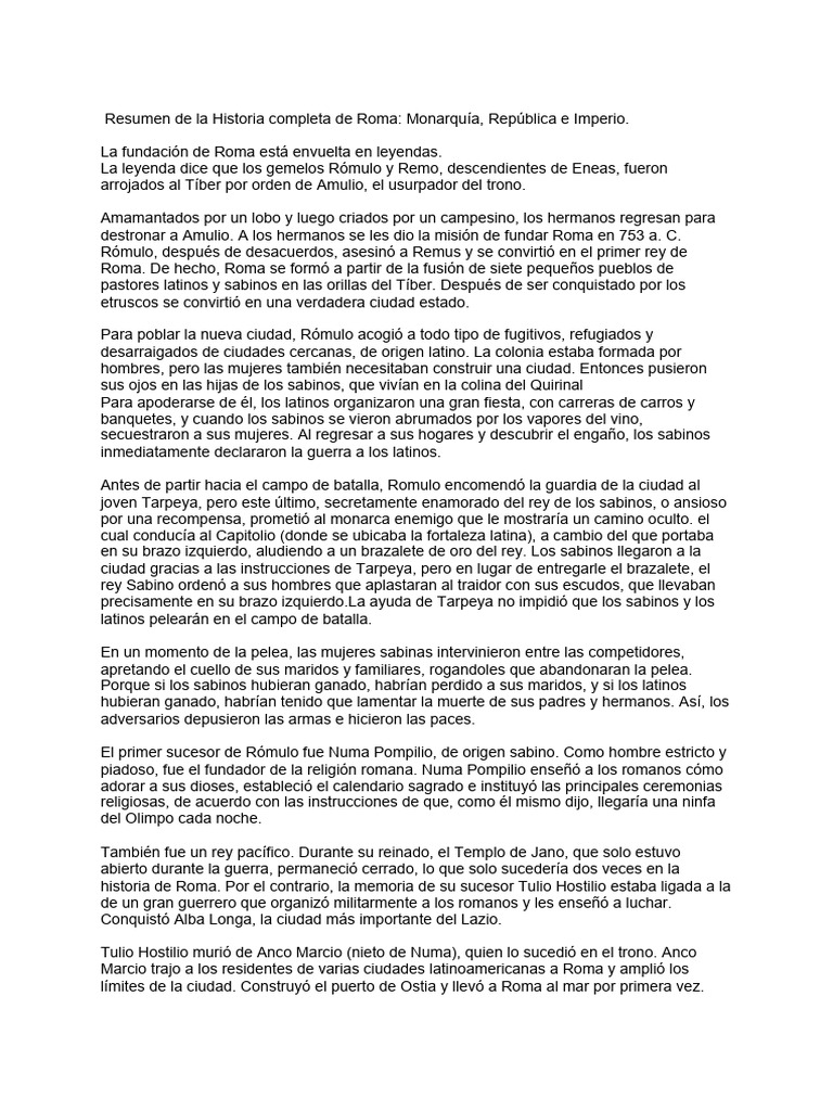 Resumen de La Historia Completa de Roma - Monarquía, República e ...