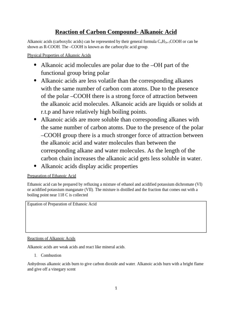 Organic Chemistry Notes Part 4 Reaction Of Carbon Compound Alkanoic