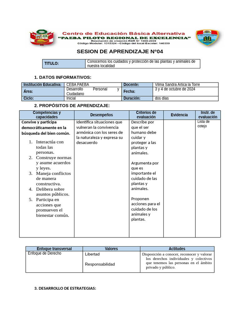 SESION DE APRENDIZAJE 04 Desarrollo Personal y Ciudadano Cuidado de ...