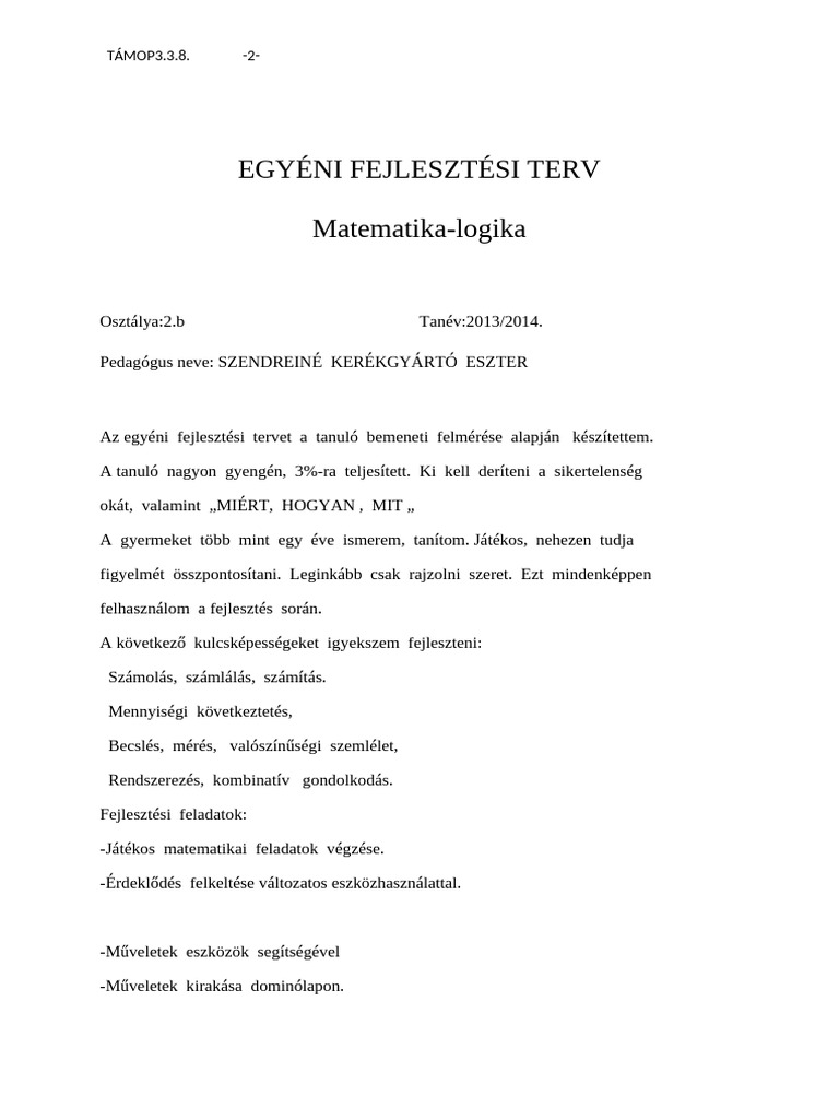 EGYÉNI FEJLESZTÉSI TERV Mat-Log | PDF
