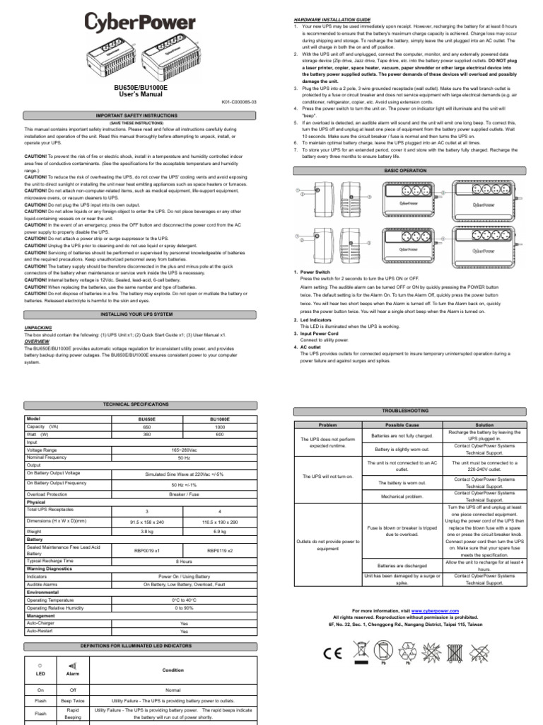 CyberPower_K01-C000065-03_UM_BU650-1000E_en-1 | PDF | Power Supply | Fuse (Electrical)