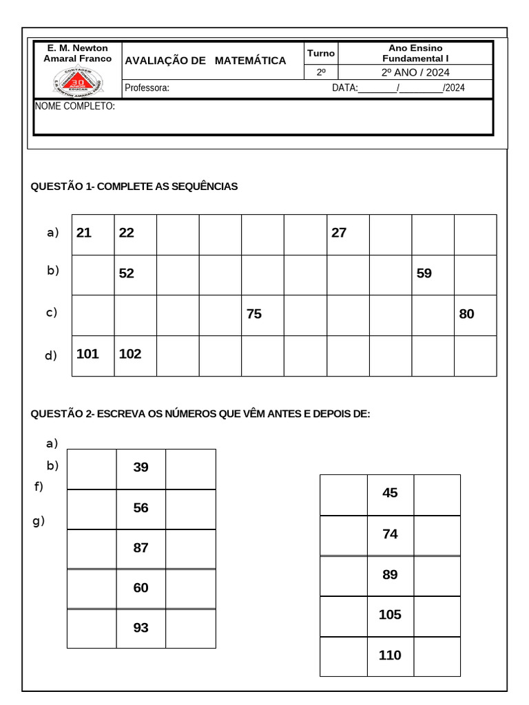 Avaliação de Matemática 2º Ano 2024 | PDF