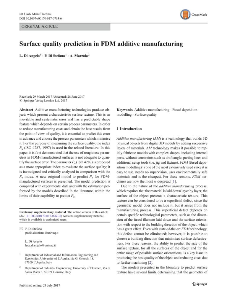 FDM Surface Quality Prediction Model | PDF | Surface Roughness | 3 D ...