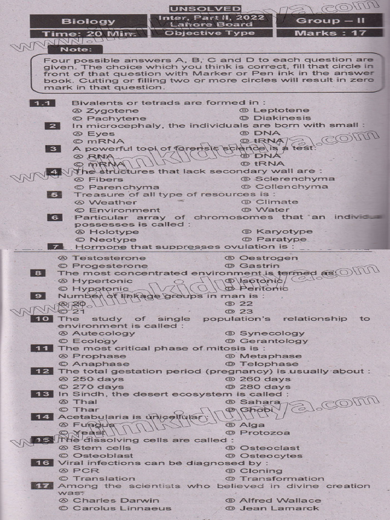 Past Paper 2022 Lahore Board Inter Part II Biology Group II Objective ...