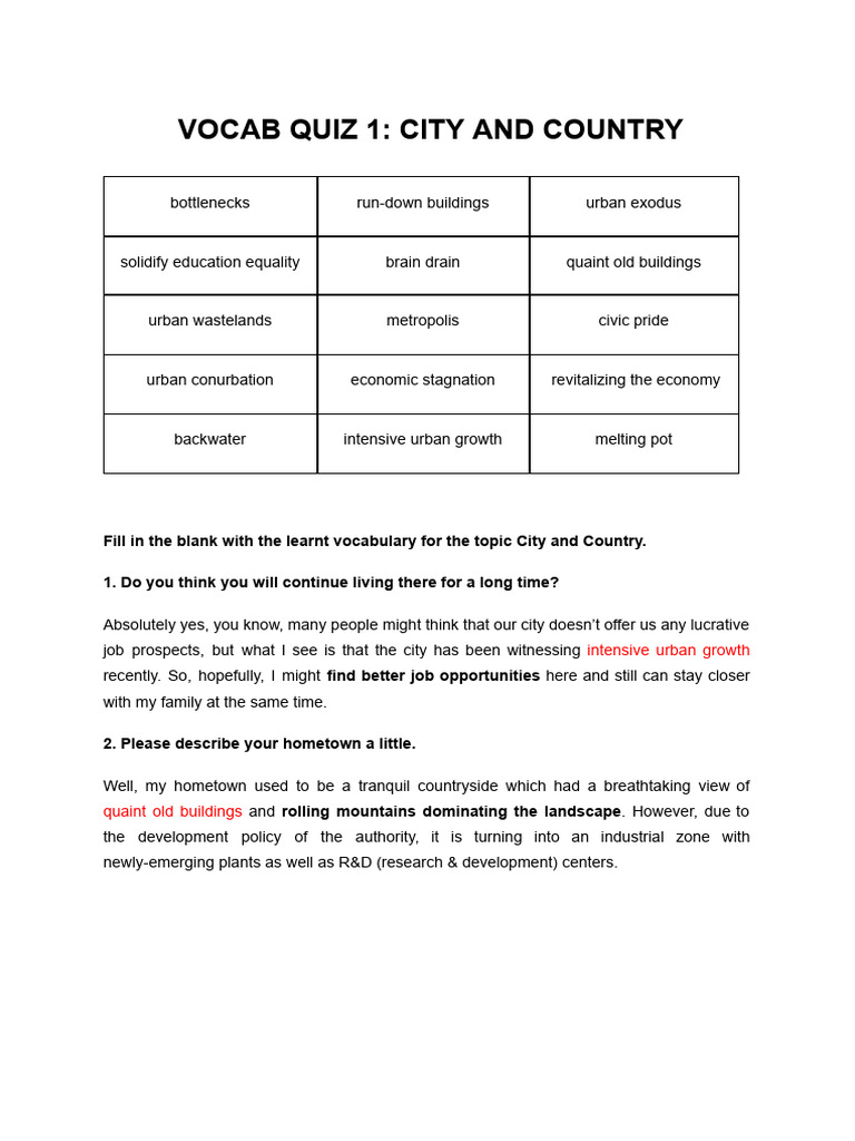 Vocab Quiz 1 - City and Country (Key) | PDF | Cost Of Living | Human ...