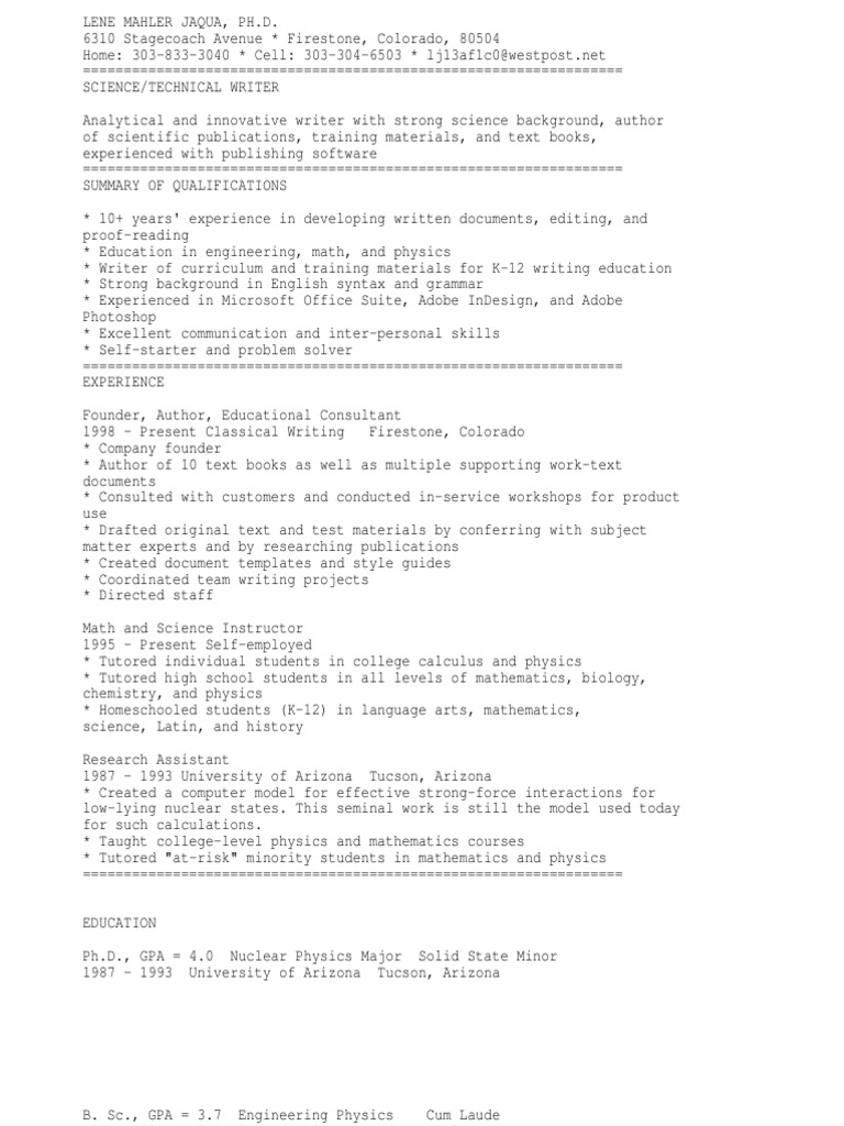 Science and Technical Writer Profile | PDF | Physics | Science