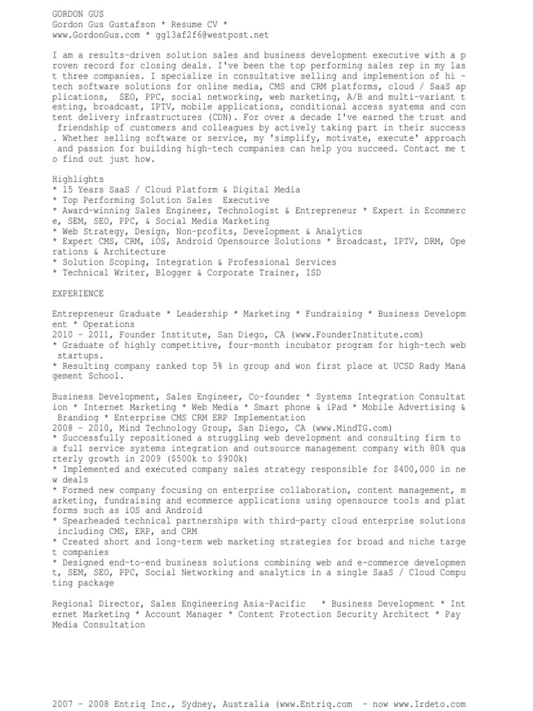 Gordon Gus: Sales & Marketing Expert Resume | PDF | Streaming Media ...