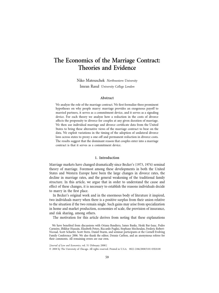 The Economics of The Marriage Contract Theories and Evidence | PDF ...