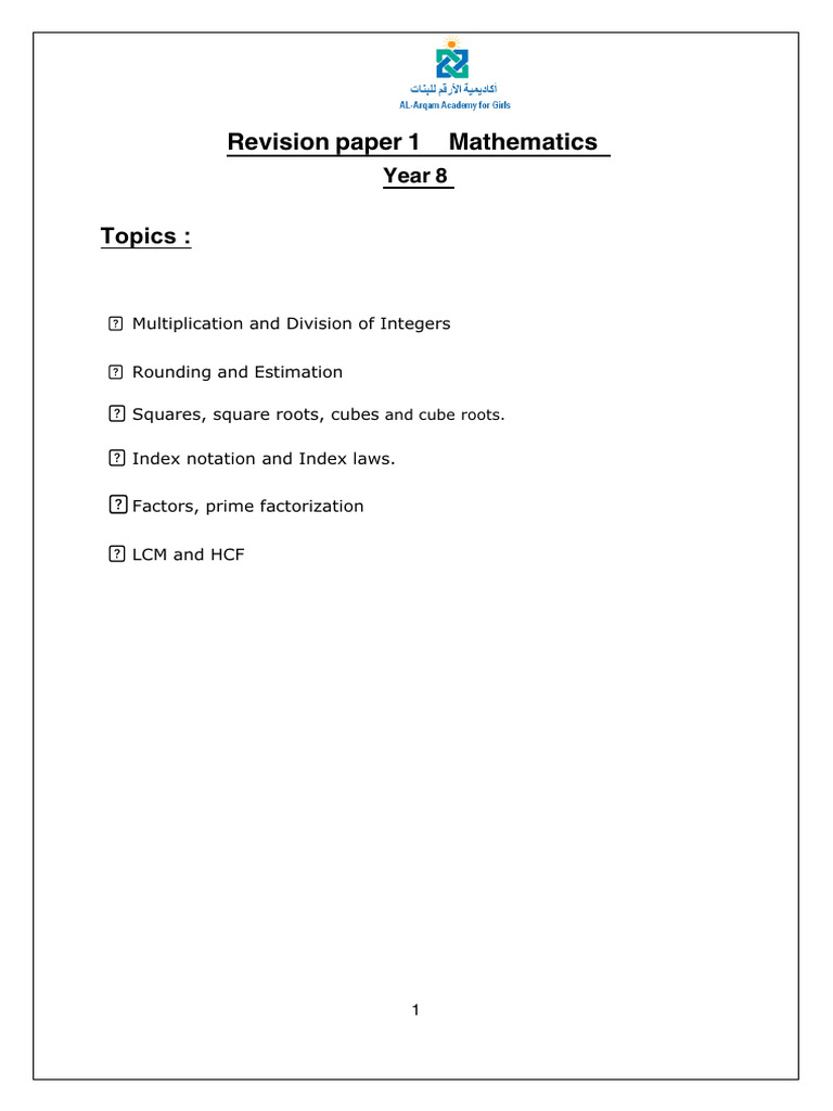 Revision Paper 1 Year 8 2024-2025 | PDF
