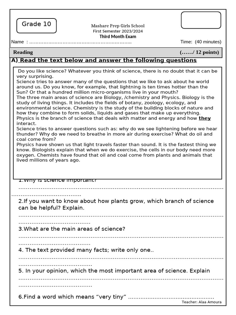 10th Grade Exam Third Month Exam | PDF | Biology | Science