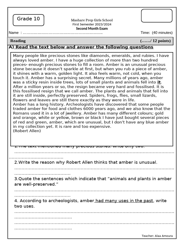 10th Grade Exam Second Month Exam | PDF | Amber