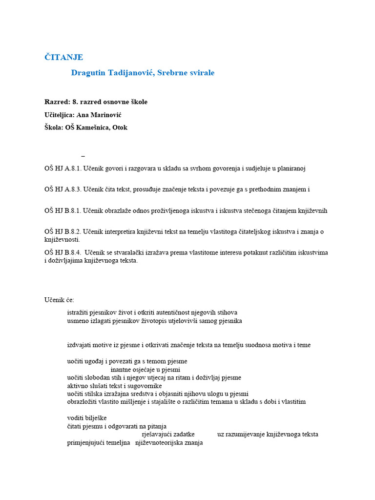 Srebrne Svirale - Aktivnosti Za Obradu Djela | PDF