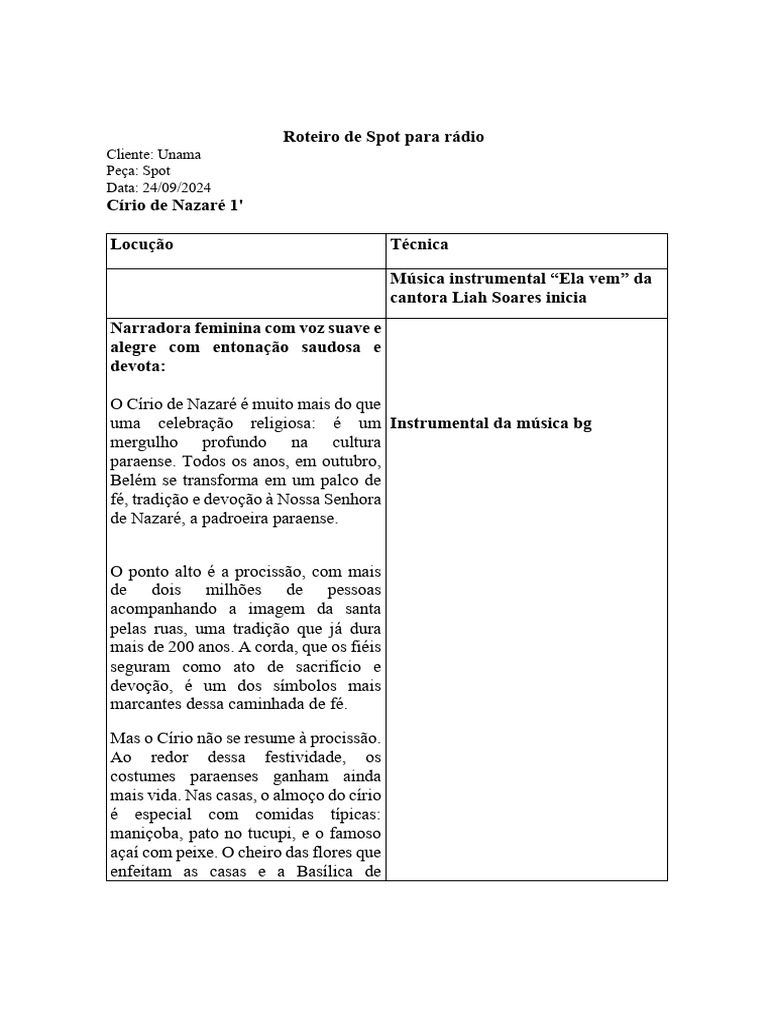 Roteiro Spot Unama | PDF