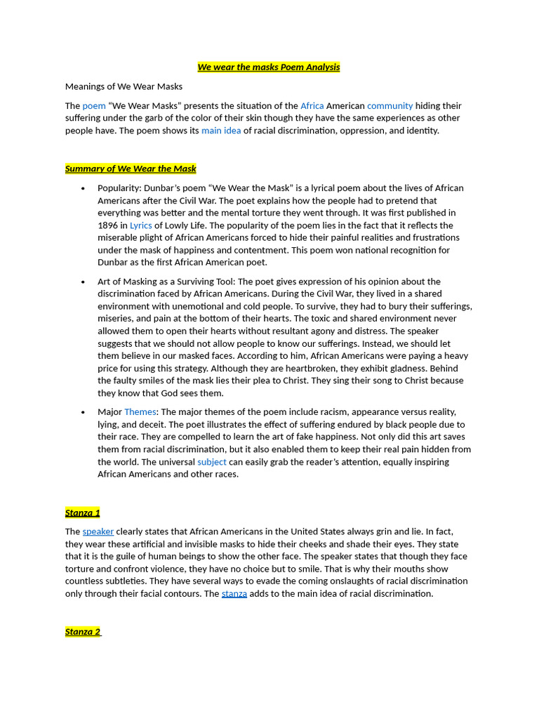 We Wear The Masks Poem Analysis | PDF | Poetry | Poetic Devices