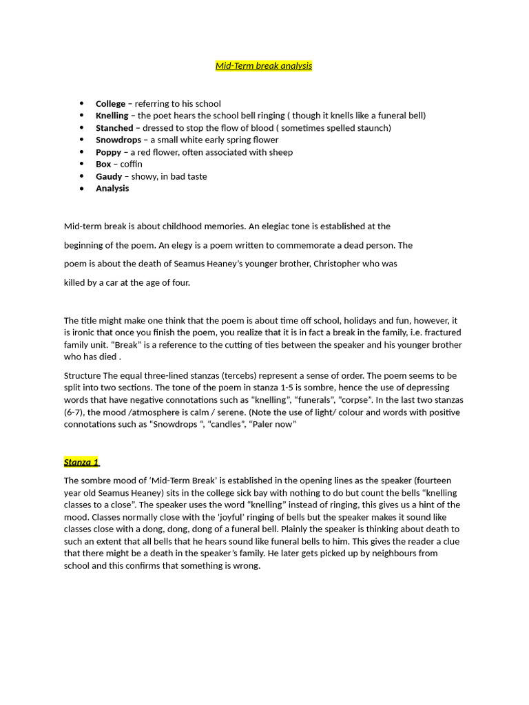 Mid-Term Break Poem Analysis | PDF | Poetry