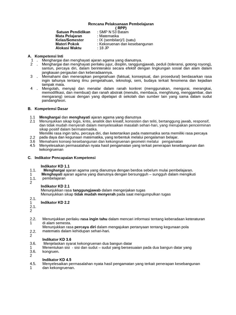 RPP KLS 9 Kesebangunan Dan Kekongruenan | PDF