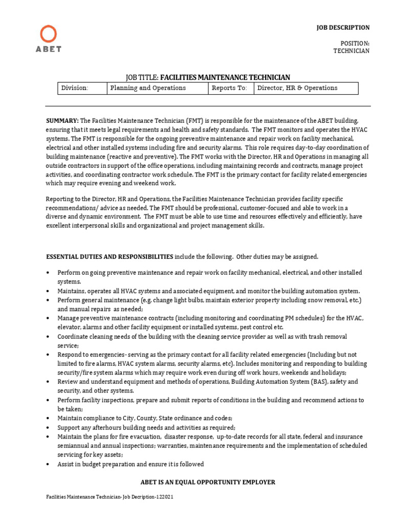 Facilities Maintenance Technician Role | PDF | Employment | Building ...