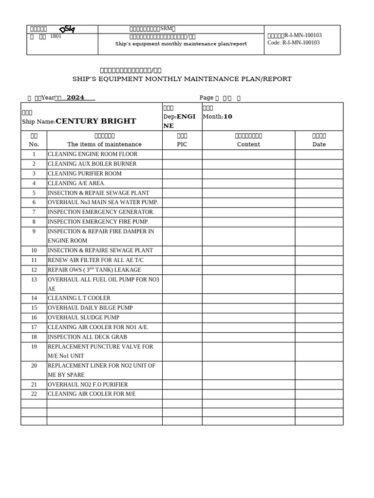 R-I-Mn-100103 Ship's Equipment Monthly Maintenance Plan-Report 10 | PDF