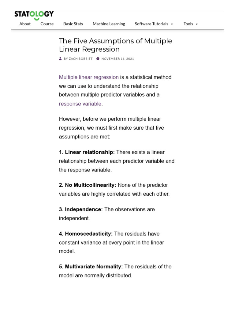 The Five Assumptions of Multiple Linear Regression | PDF | Linear Regression | Errors And Residuals