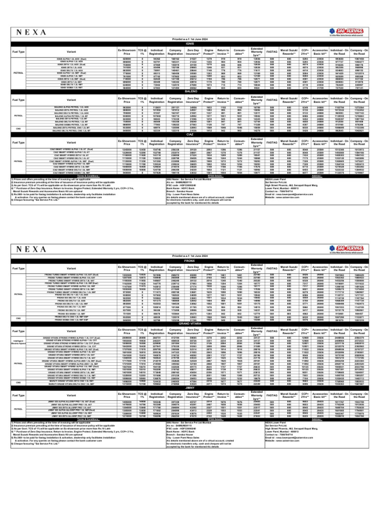 NEXA Pricelist W.E.F 1st June 2024 | PDF | Motor Vehicle | Cars Of Japan