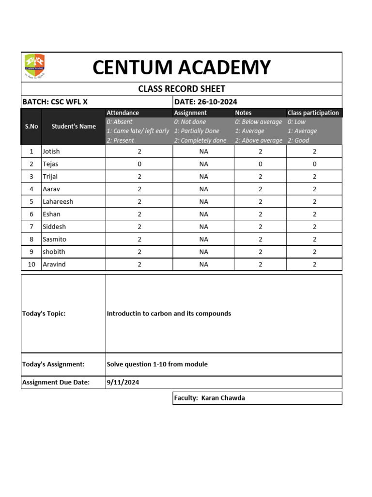 Class Record Sheet X 9 Pdf