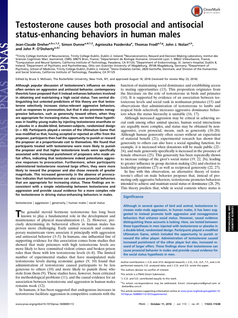 Dreher Et Al 2016 Testosterone Causes Both Prosocial and Antisocial ...