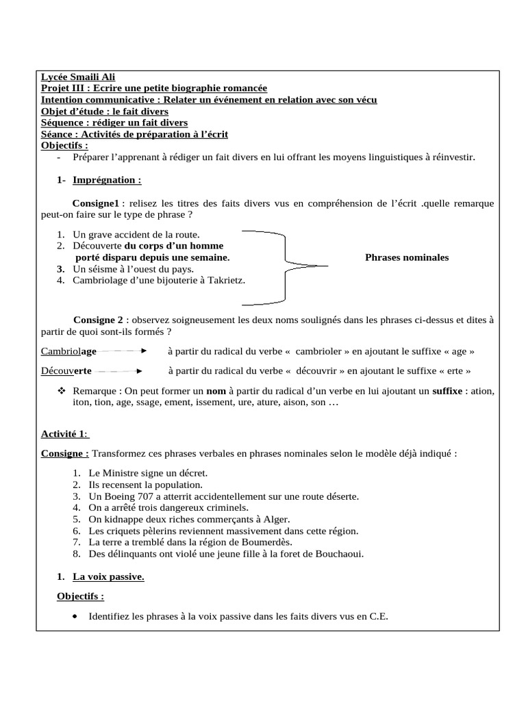 Rédaction de faits divers au lycée Smaili | PDF | Mécanique du langage ...
