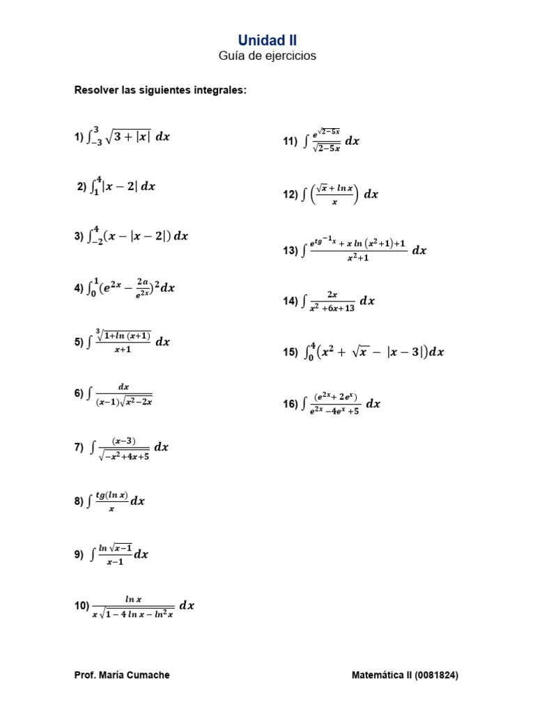 Guia de Ejercicios Integrales Definidas Unidad II | PDF