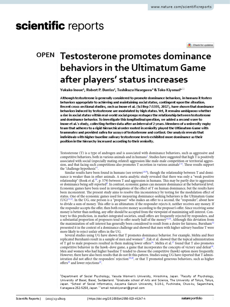 Testosterone Promotes Dominance Behaviors in The Ultimatum Game After ...
