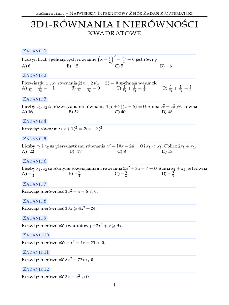 3d1-Równania I Nier. Kwadratowe | PDF