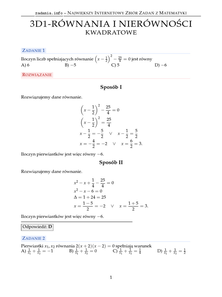 3d1-Równania I Nier. Kwadratowe Rozw | PDF