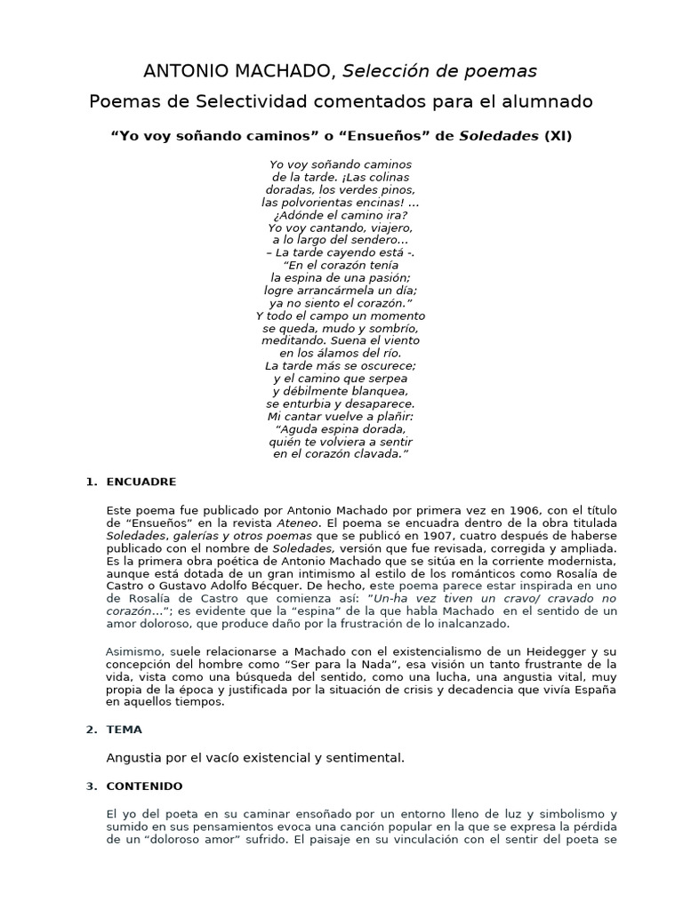 ANTONIO MACHADO, Poema I, Ensoñaciones, Yo Voy Soñando Caminos | PDF ...