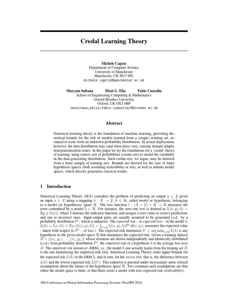 Credal Learning Theory | PDF | Machine Learning | Probability Theory