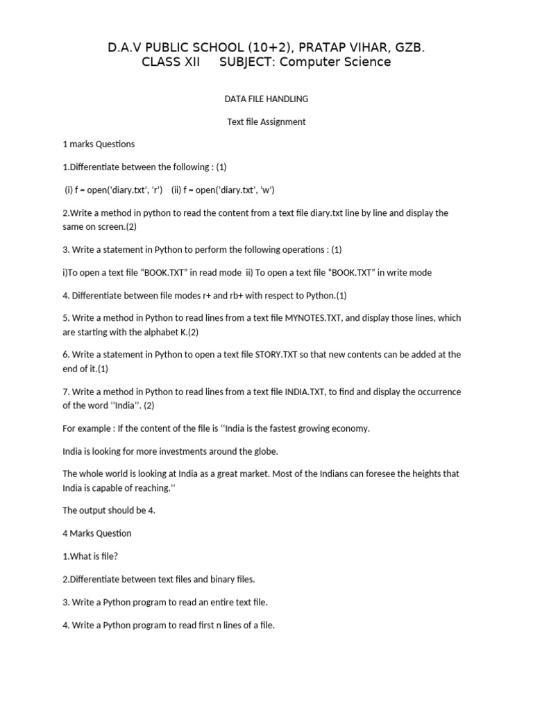 Assignment - DATA FILE HANDLING (Text) | PDF Assignment - DATA FILE HANDLING (Text) | PDF