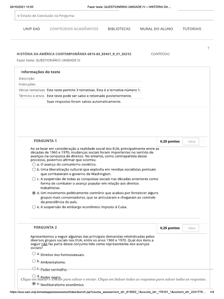 Questionário Unidade Iv - História Da América Contemporânea | PDF ...