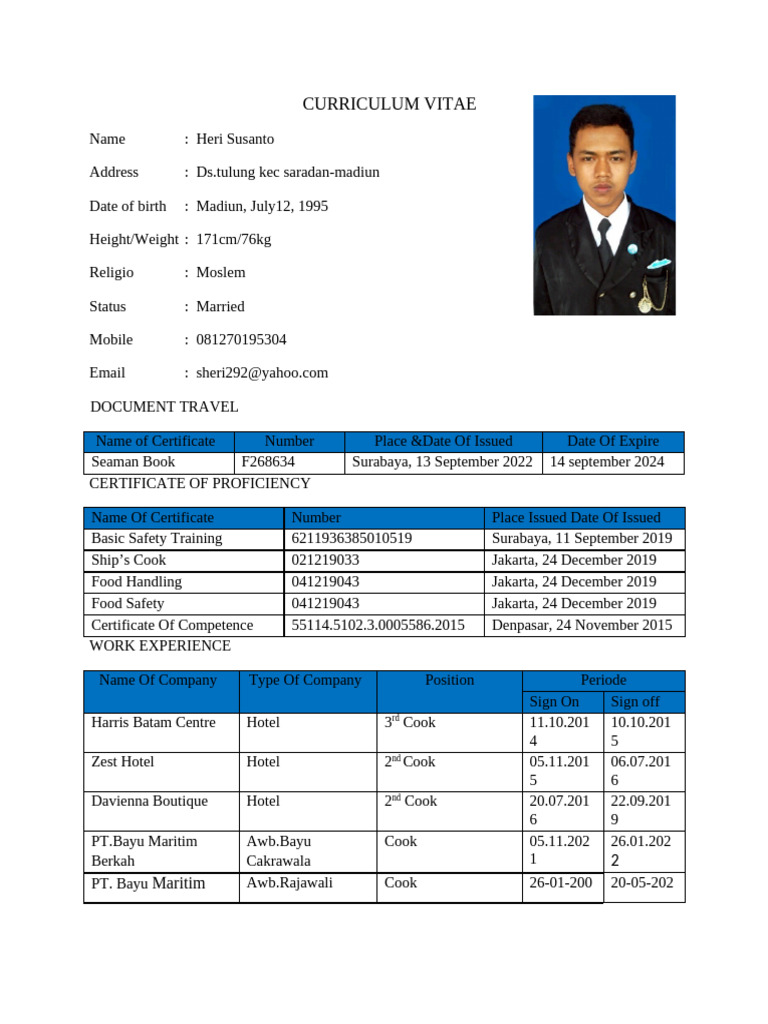 CV - Heri Susanto (Cook) | PDF
