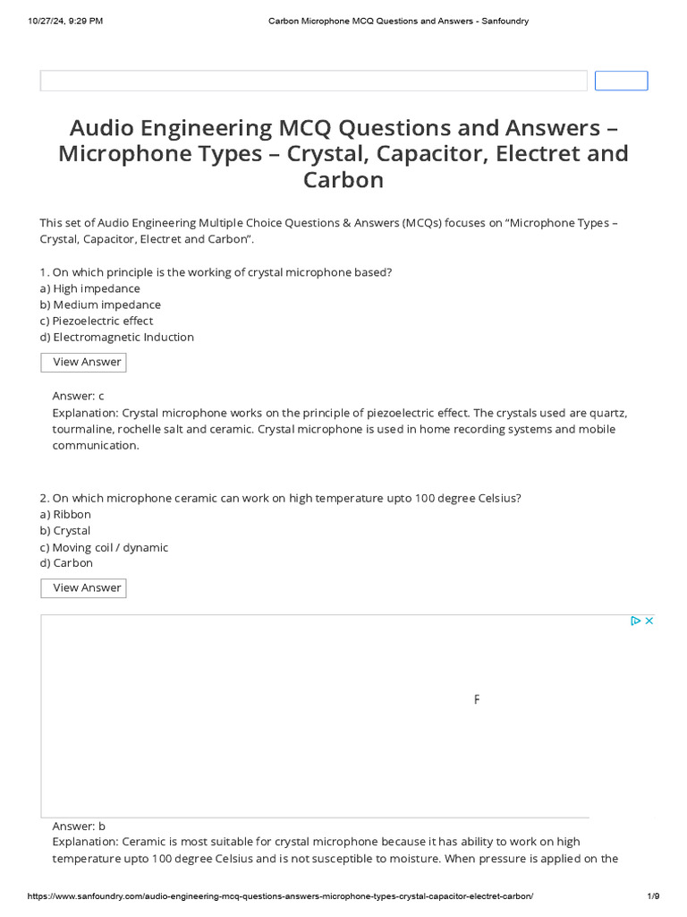 Carbon Microphone MCQ Questions and Answers - Sanfoundry | PDF | Microphone | Capacitor